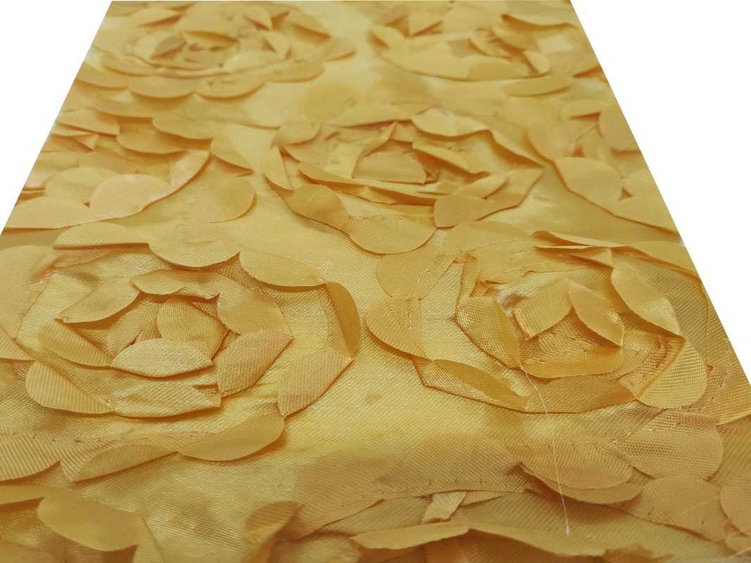 90 x 132'' Gold Rosette Tablecloth - Elegant Event Essentials